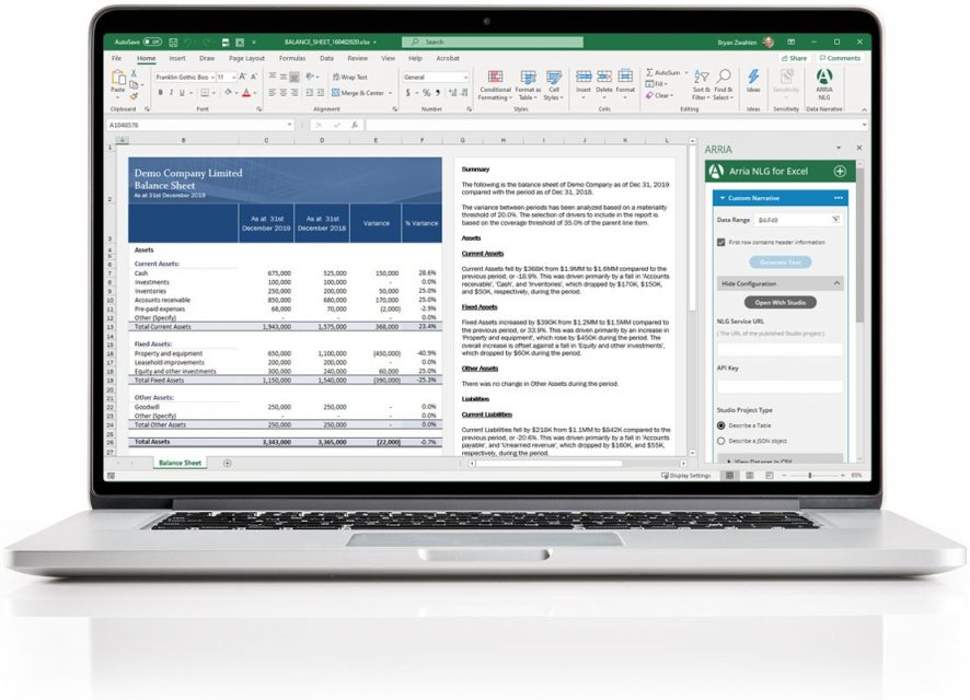 Arria NLG for Excel laptop screenshot - Arria NLG